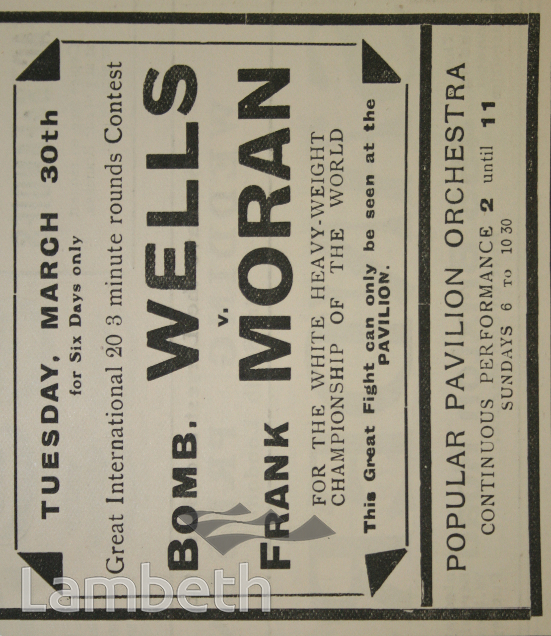 ADVERT: BOXING MATCH, THE PAVILION, BRIXTON - LandmarkLandmark